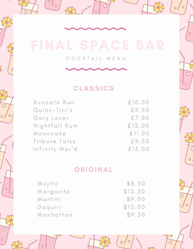 Final Space Bar Cocktail Menu - Faded Spring